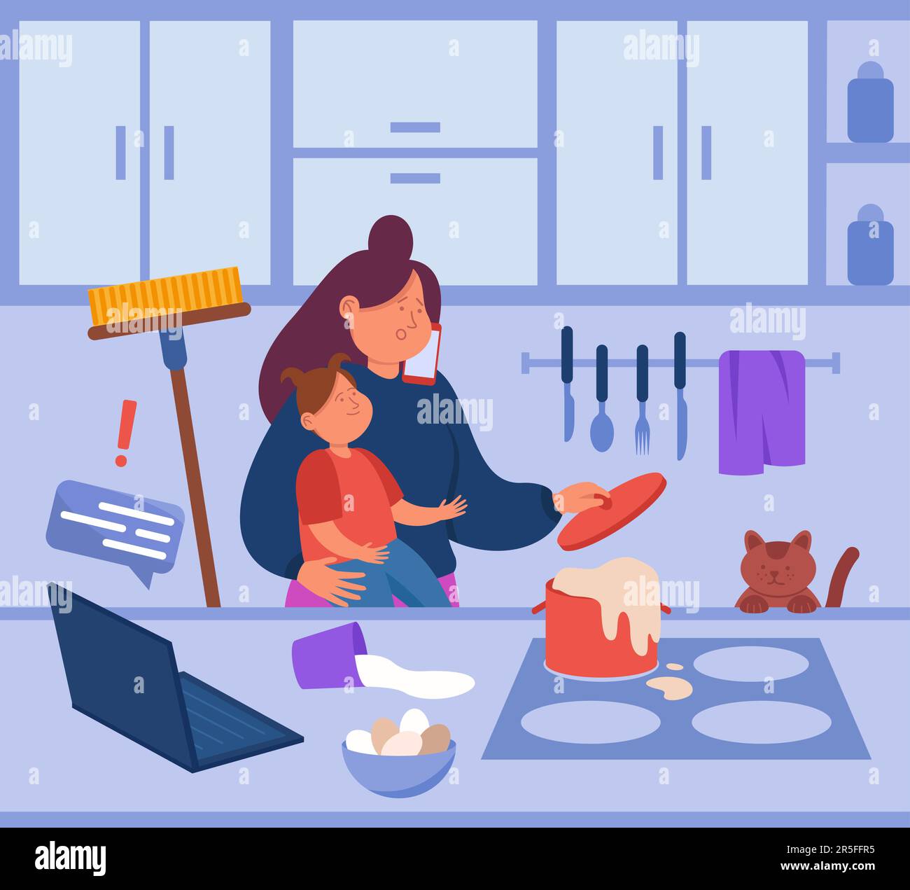 Busy mother stressing over work and household tasks Stock Vector Image ...