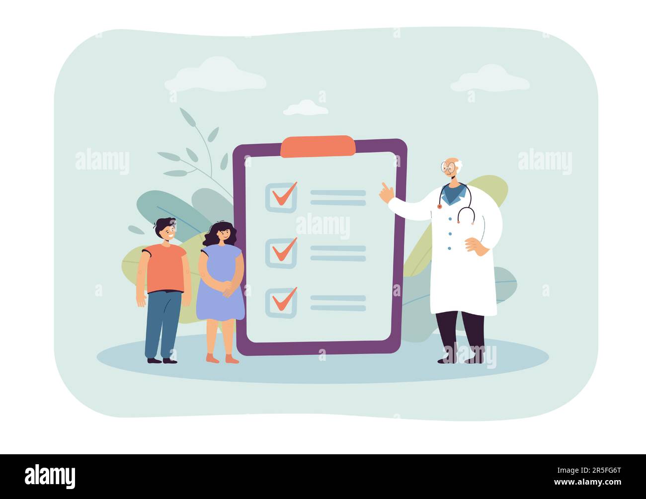 Elderly doctor and kids next to list of recommendations Stock Vector ...