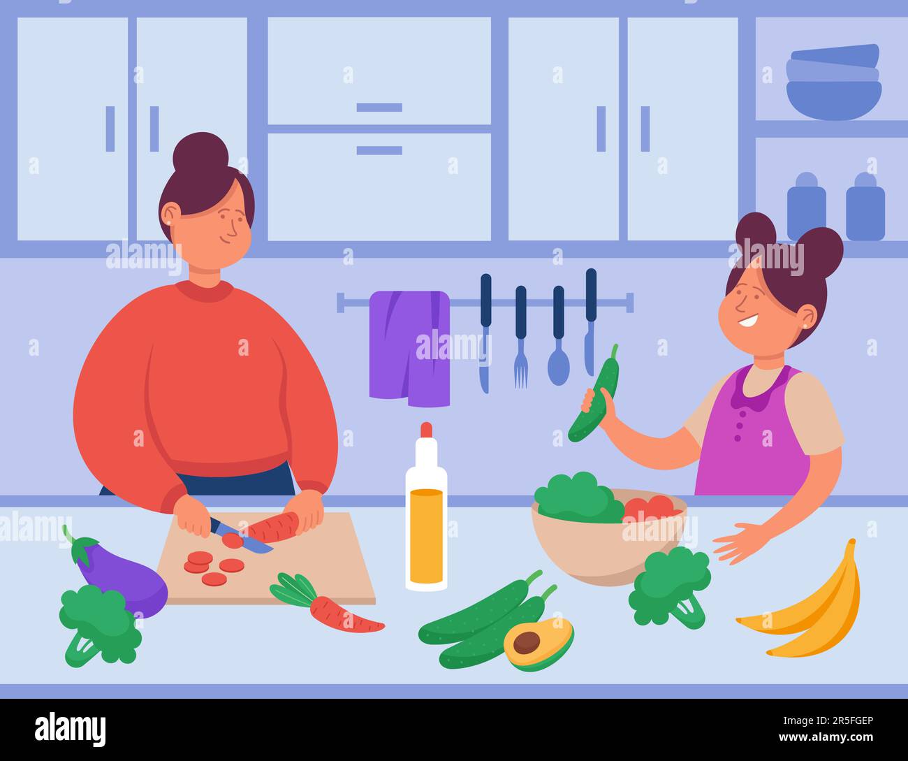 Cartoon mother and daughter cooking together in kitchen Stock Vector ...