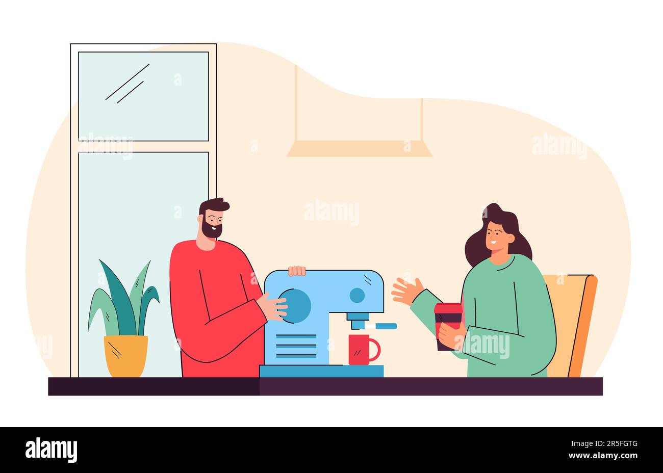 Male and female characters making coffee using coffee machine Stock ...