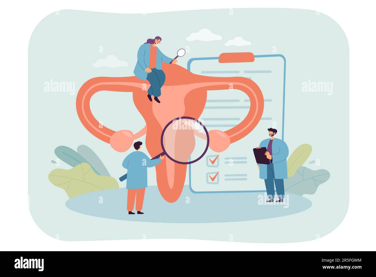 Tiny doctor cartoon characters examining female uterus Stock Vector ...