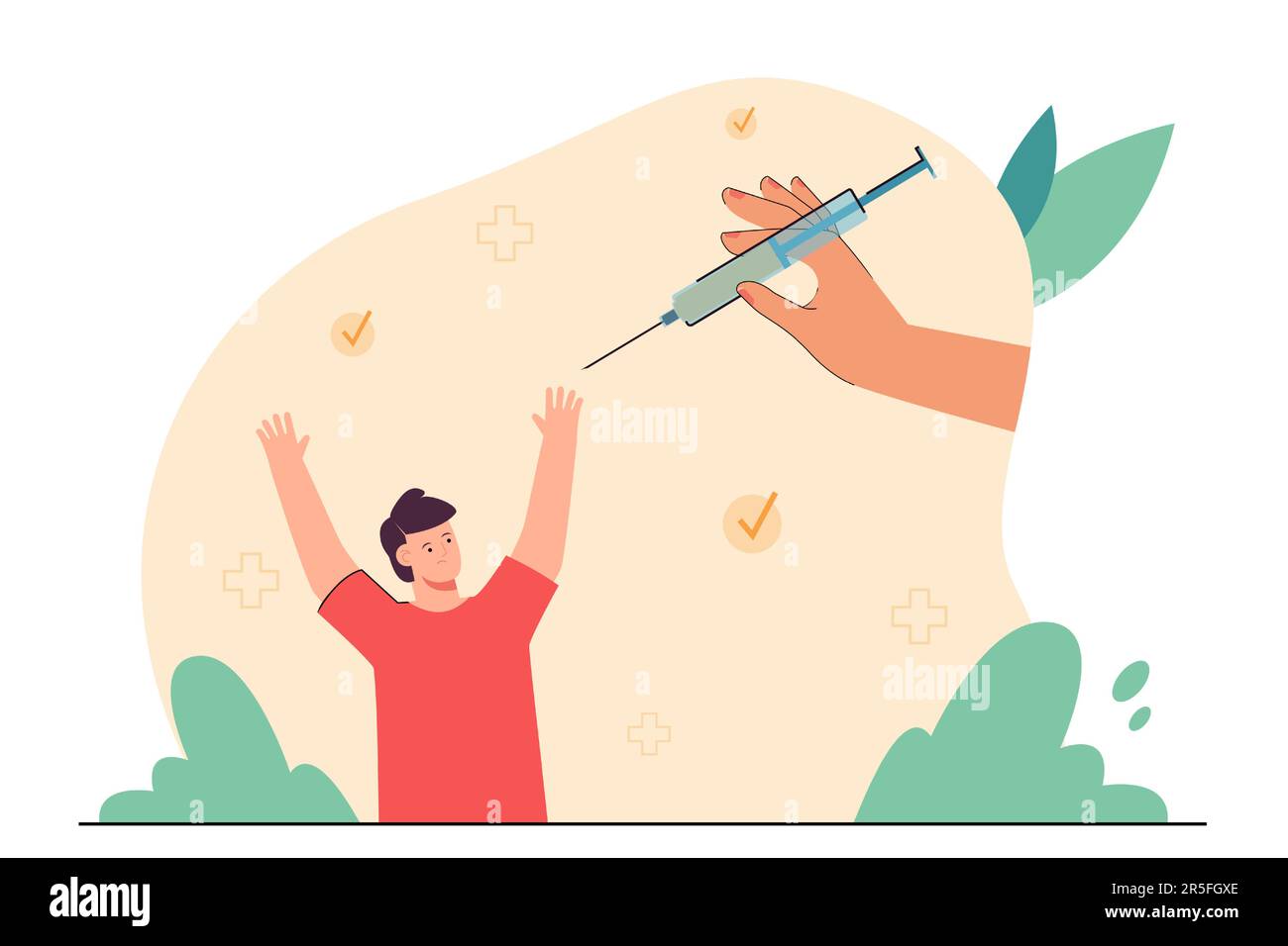 Huge hand holding syringe and cartoon boy scared of vaccine shot Stock ...