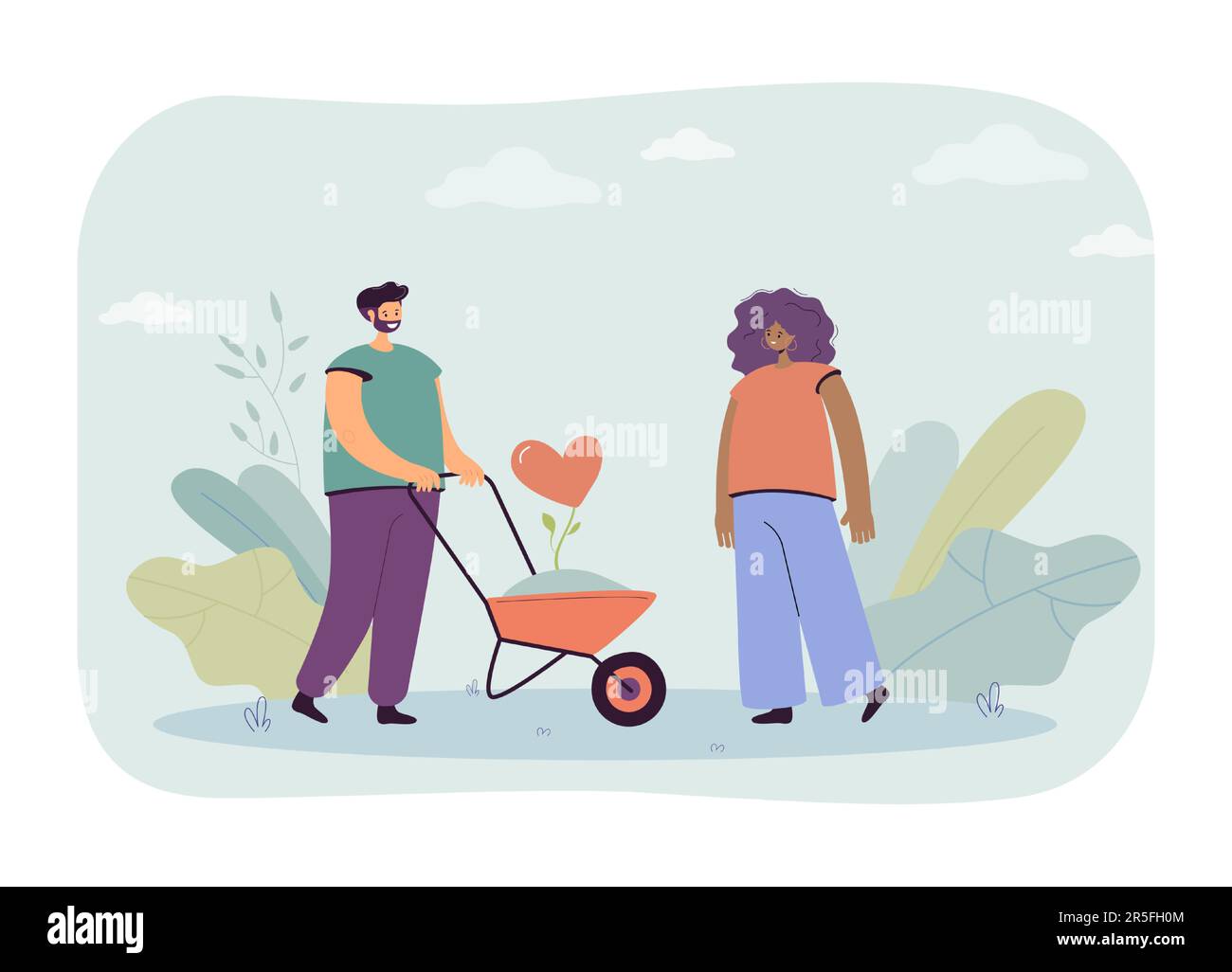 Happy cartoon couple with growing heart flower in wheelbarrow Stock ...