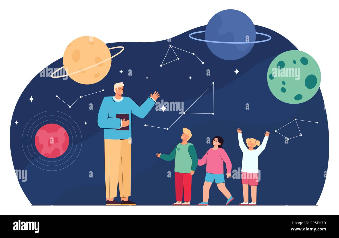 Male teacher telling kids about solar system in observatory Stock ...