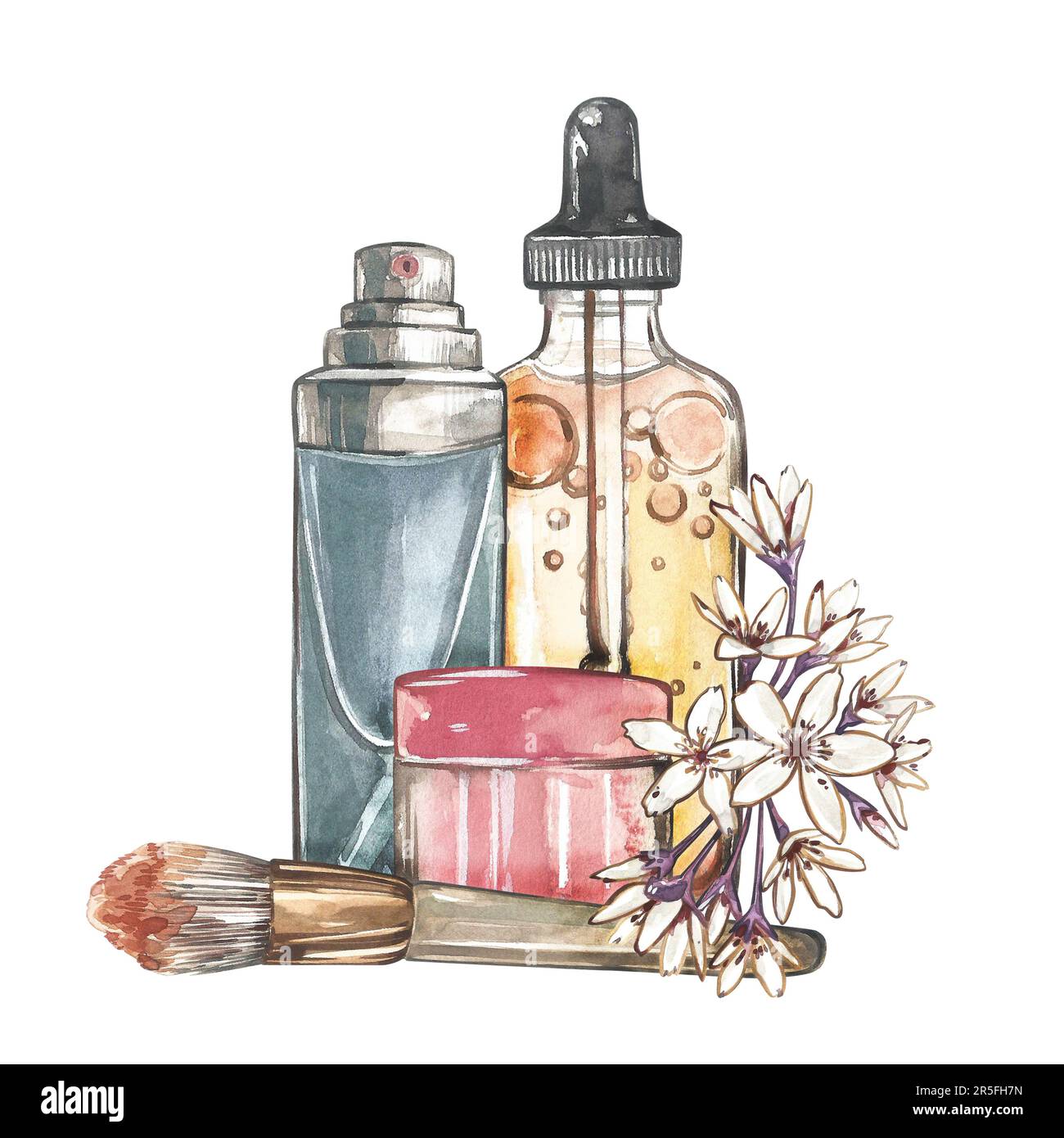 Cream, oil for skin and face care with brush, flower isolated on white ...