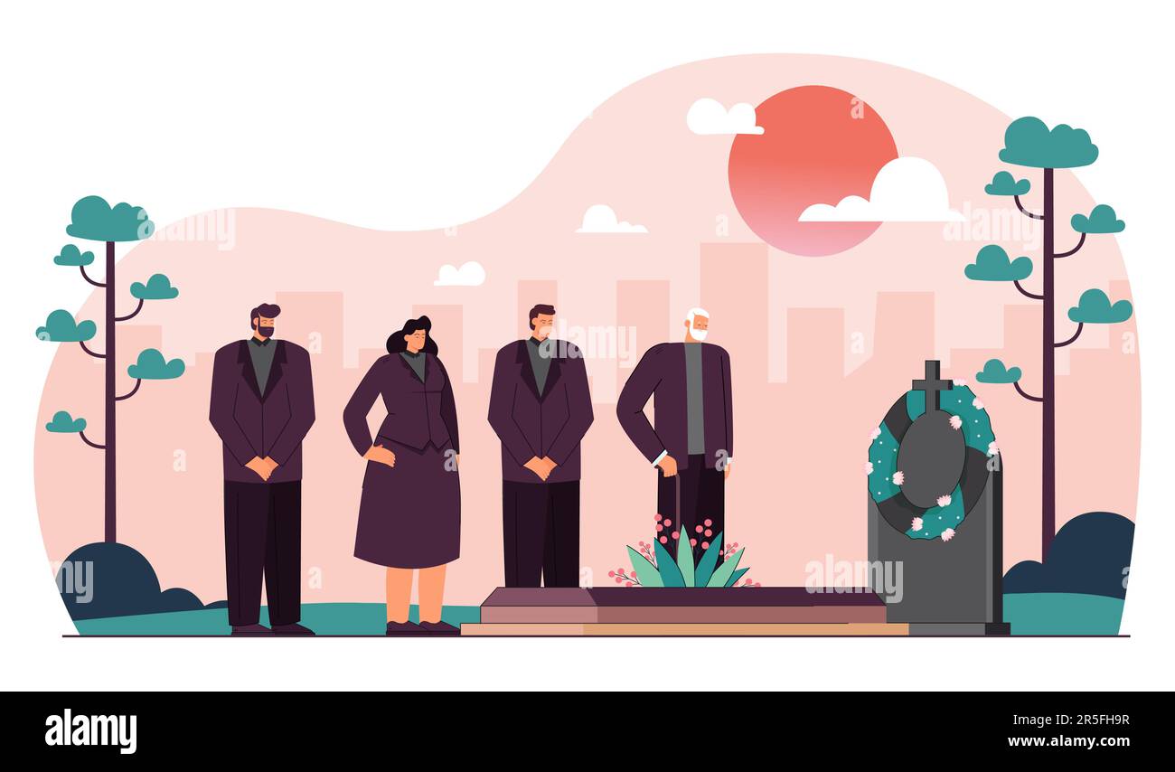 Cartoon people in mourning clothes attending funeral Stock Vector Image ...