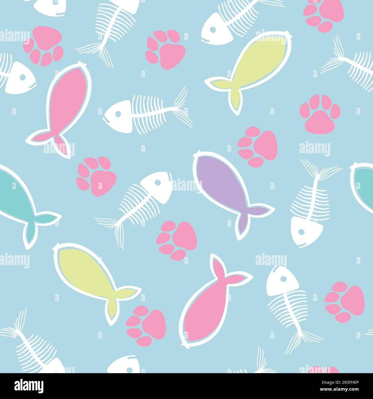 Cat paws, fish, skeletons of fish gentle blue background, seamless ...
