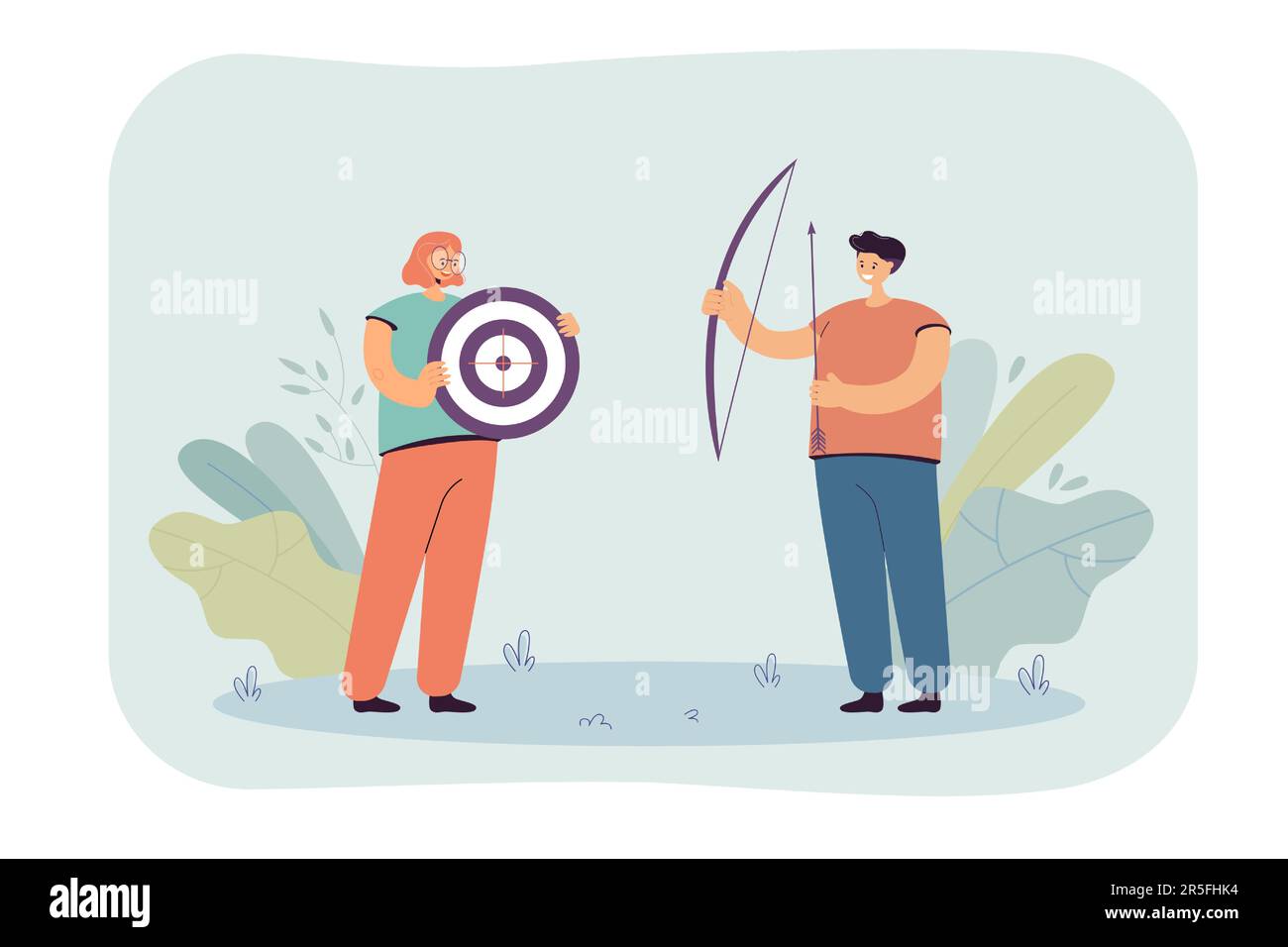 Cartoon archer with bow and arrow and woman holding target Stock Vector ...