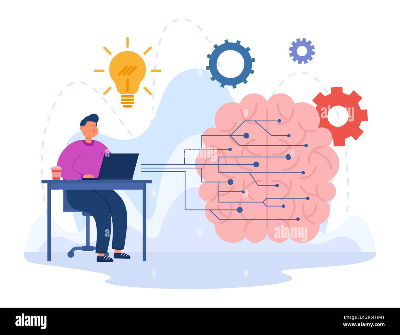 Brain with neural network and tiny engineer working at laptop Stock ...