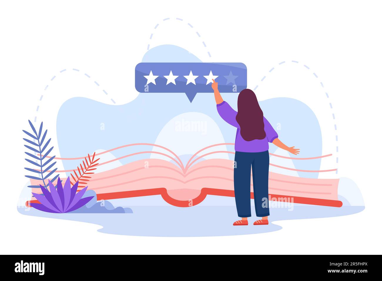 Tiny cartoon woman gives good feedback after reading book Stock Vector ...