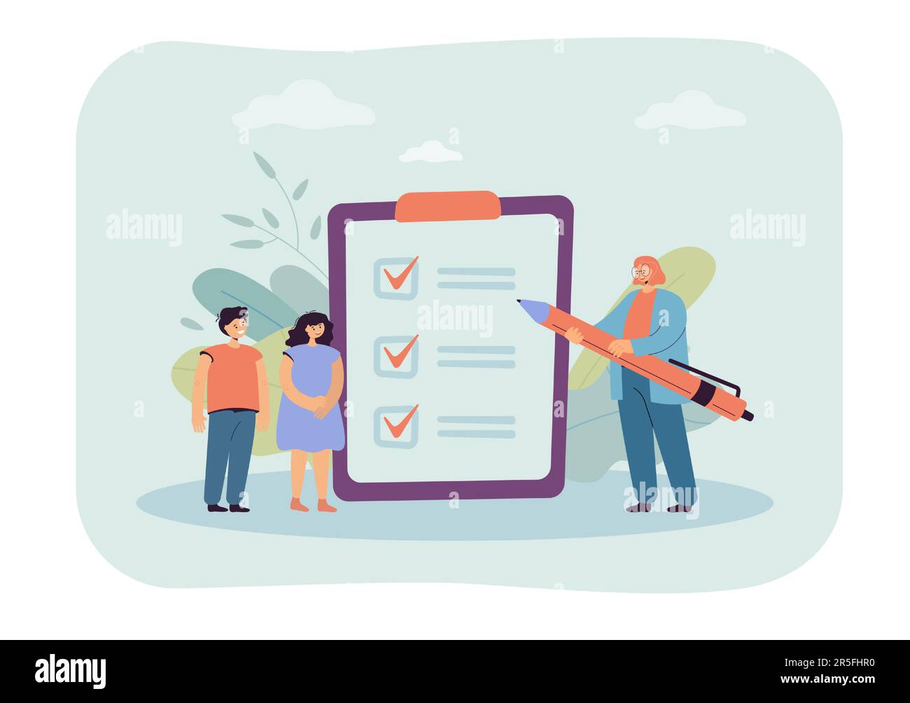 Female teacher with huge pen checking tasks from children Stock Vector ...