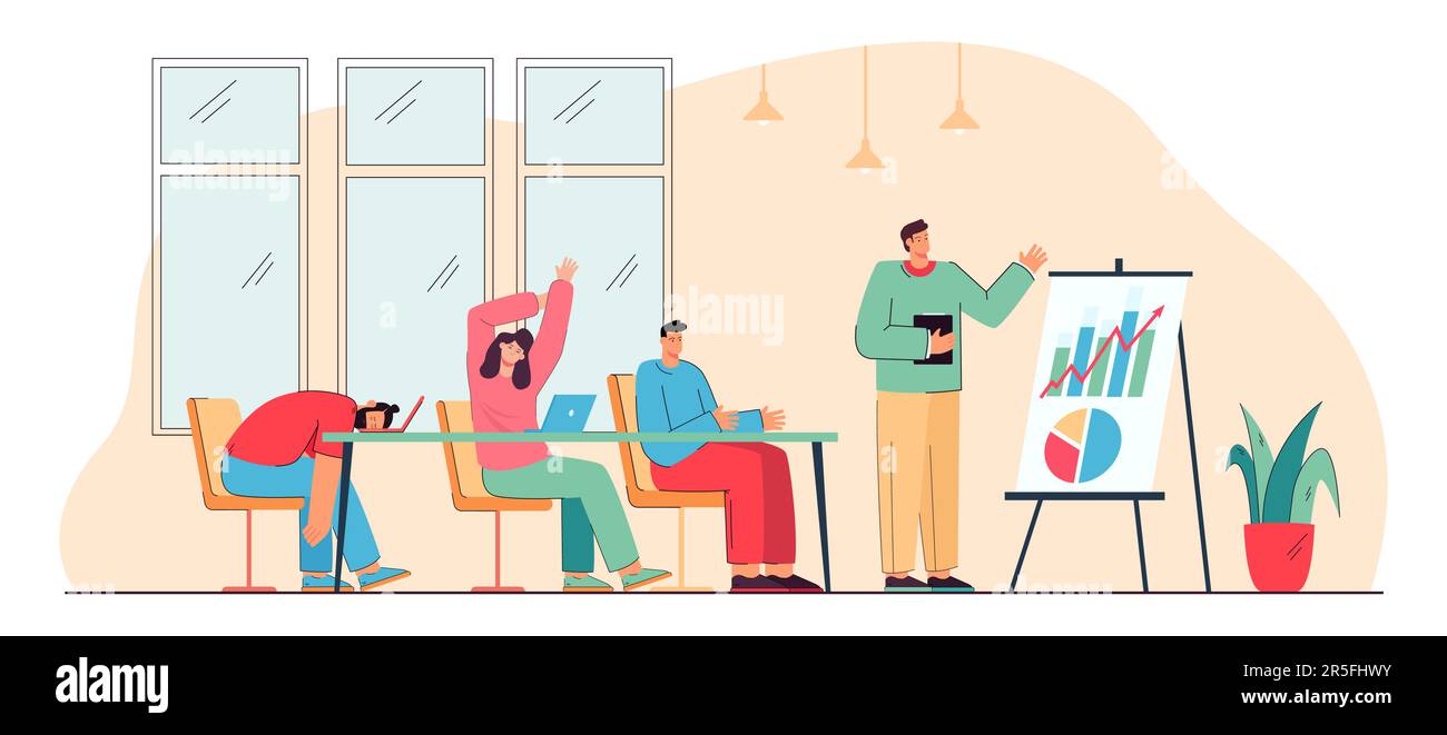 Team of office people tired of boring presentation of speaker Stock ...