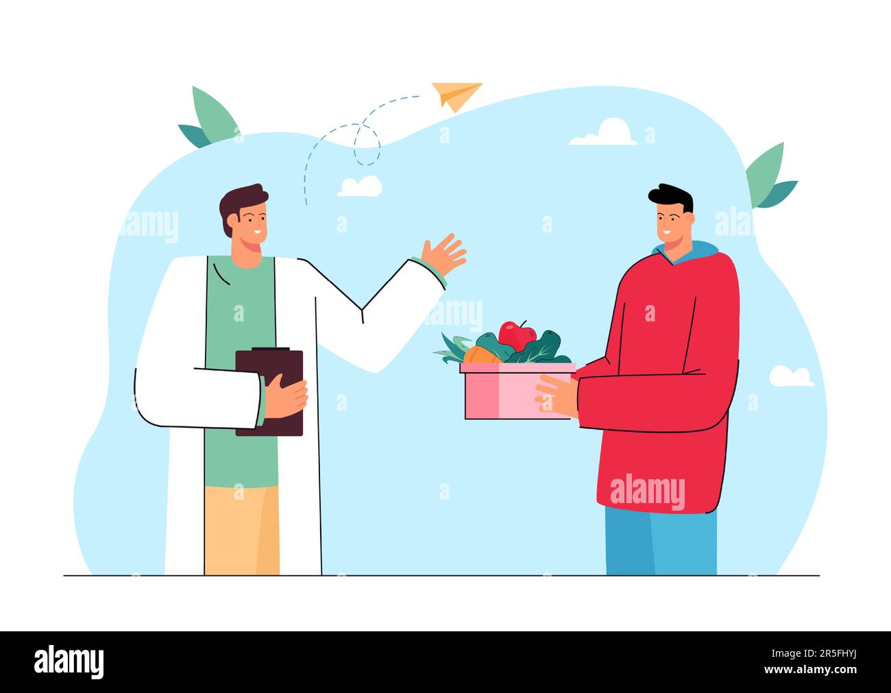 Volunteer giving food donation to happy man doctor Stock Vector Image ...