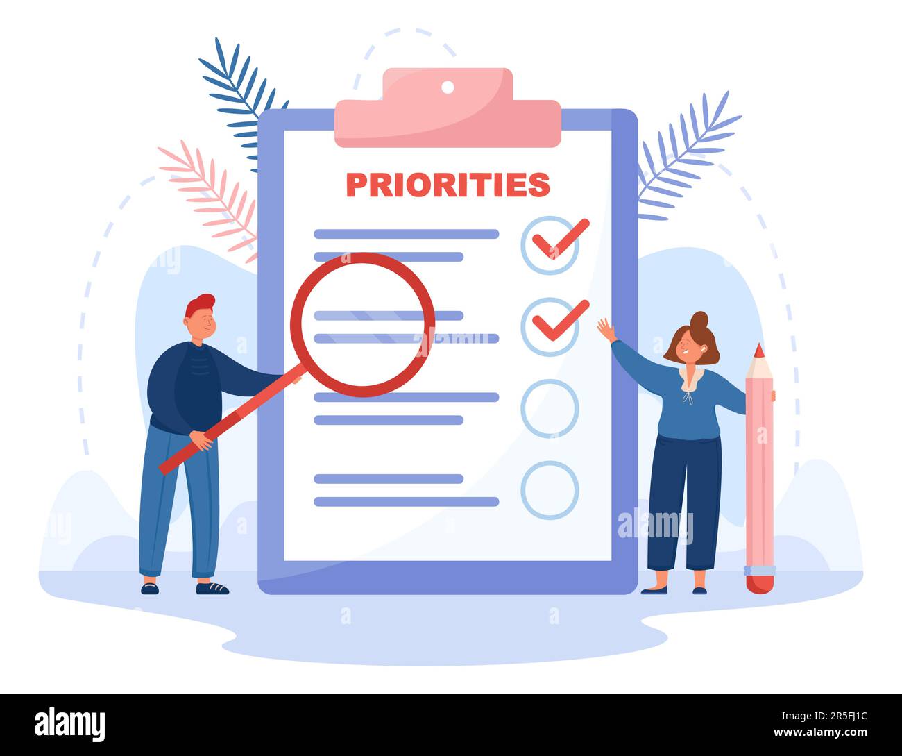 Tiny cartoon characters standing next to list of important tasks Stock ...