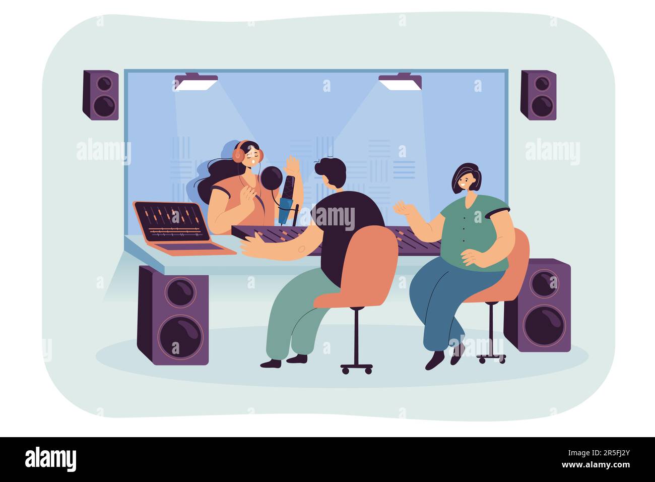 Sound engineer sitting on chair at desk with mixing console Stock ...