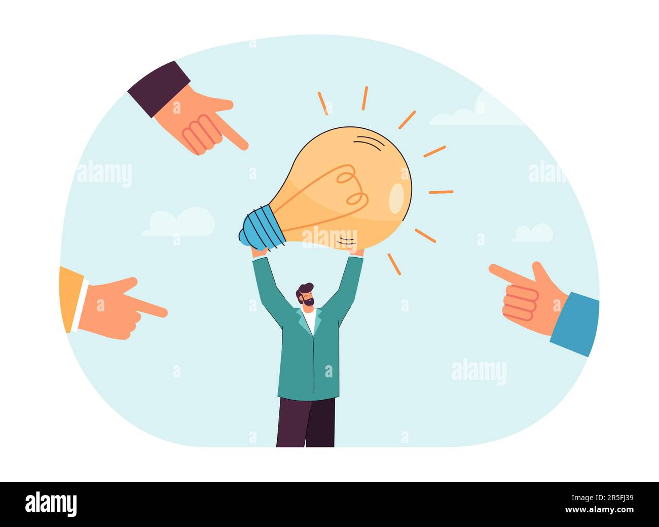 Tiny man holding light bulb and hands pointing fingers at him Stock ...
