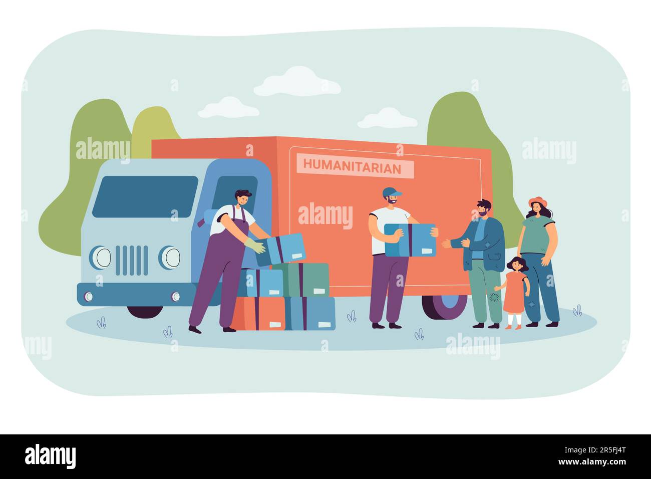 Group of cartoon volunteers giving food boxes to refugee family Stock ...