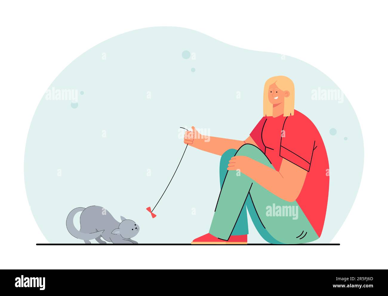 Happy cartoon woman playing with cat using bow on string Stock Vector ...