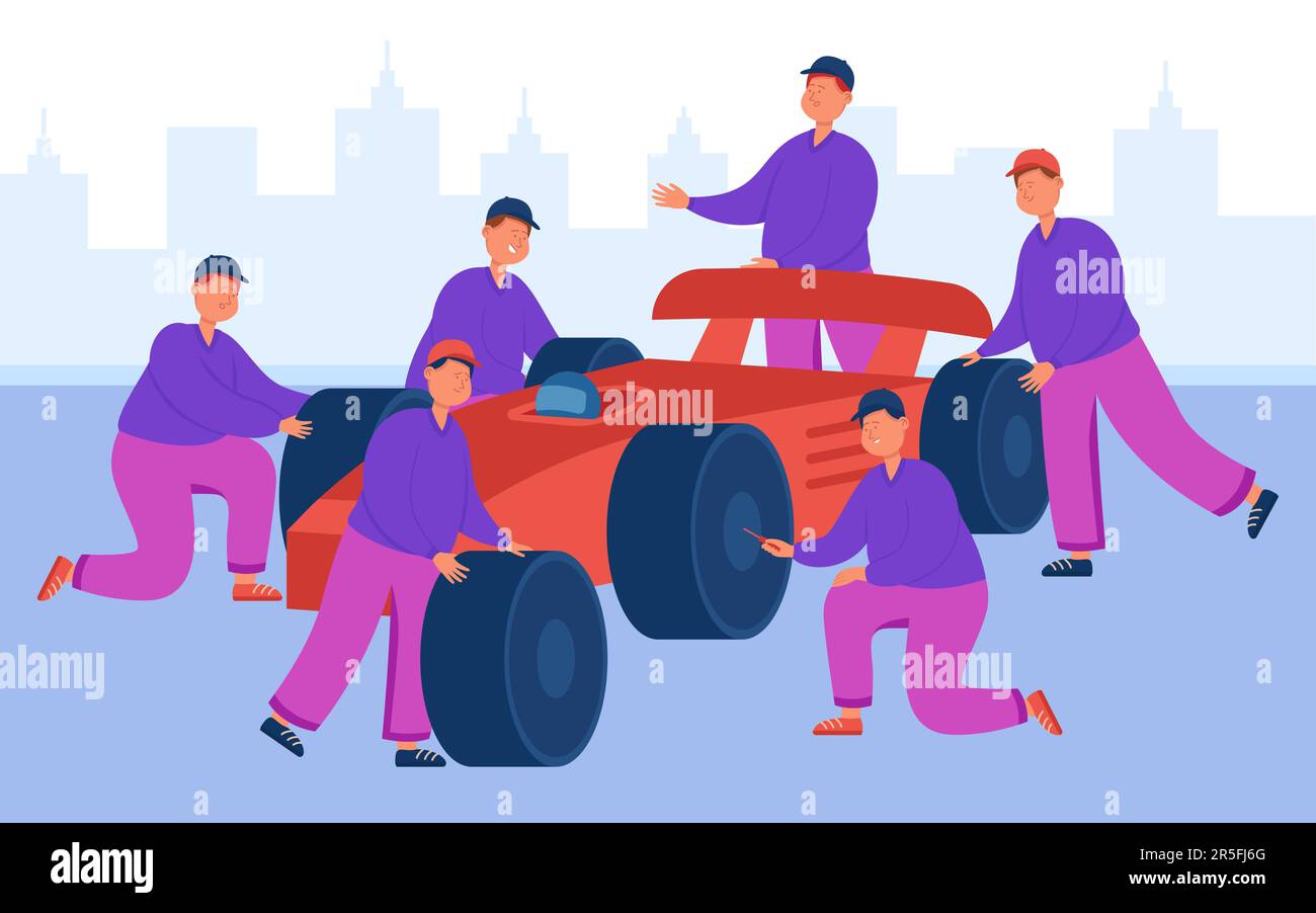 Racing car on pit stop with service team of people Stock Vector Image ...