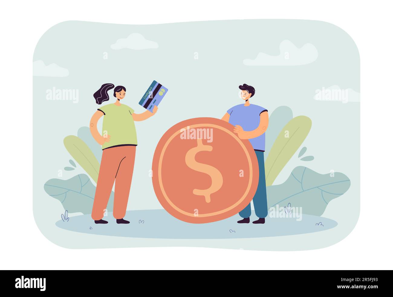 Tiny people holding golden coin and credit card Stock Vector Image ...