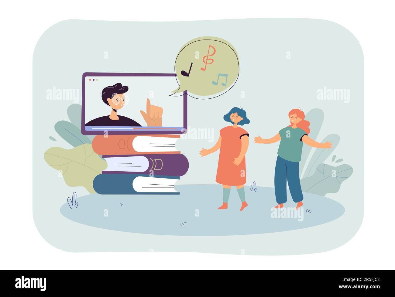 Cute little girls singing in online music lesson Stock Vector Image ...