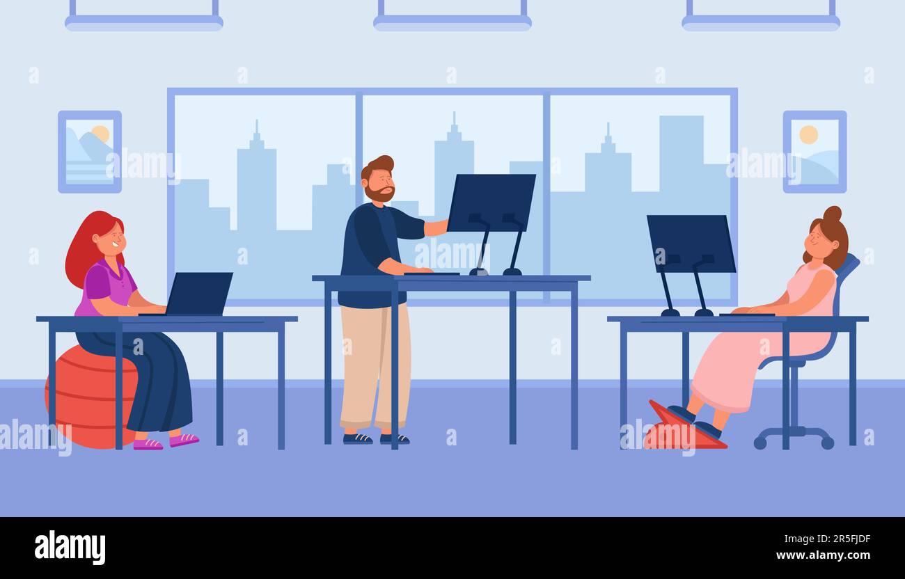 Cartoon employees working at computers in office open space Stock ...