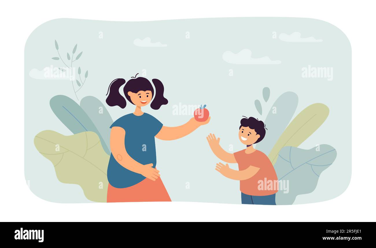 Girl giving apple to little boy, sharing food to friend Stock Vector ...