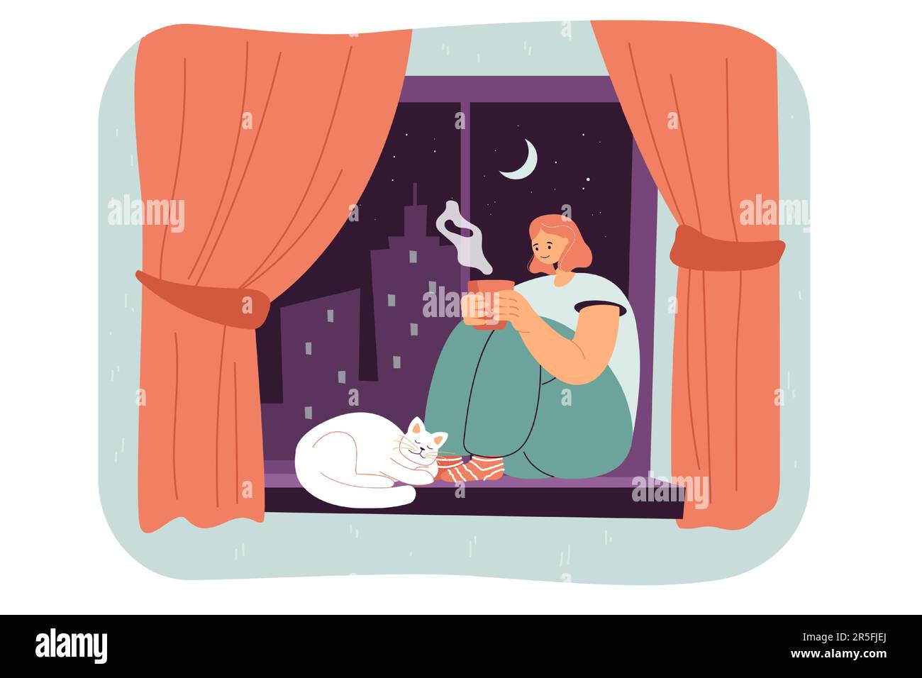 Female cartoon character sitting on window sill with cat Stock Vector ...