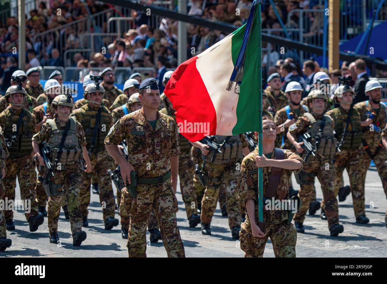 Rome, Italy. 02nd June, 2023. The Italian flag precedes the passage of ...