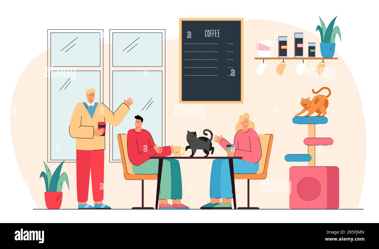 Cute cartoon couple drinking coffee in cat cafe Stock Vector Image ...