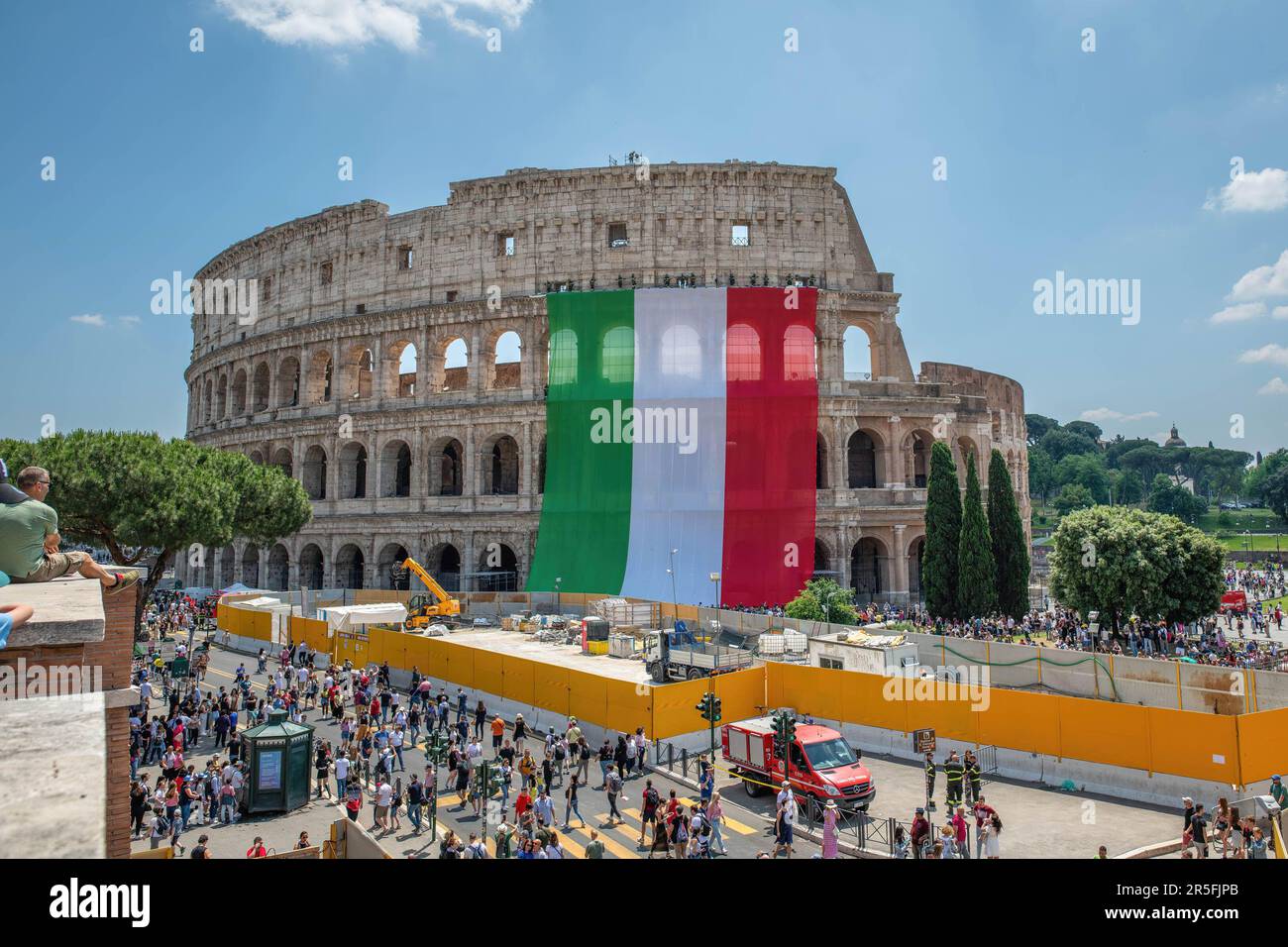 Rome, Italy. 02nd June, 2023. The Colosseum adorned by the Fire Brigade ...