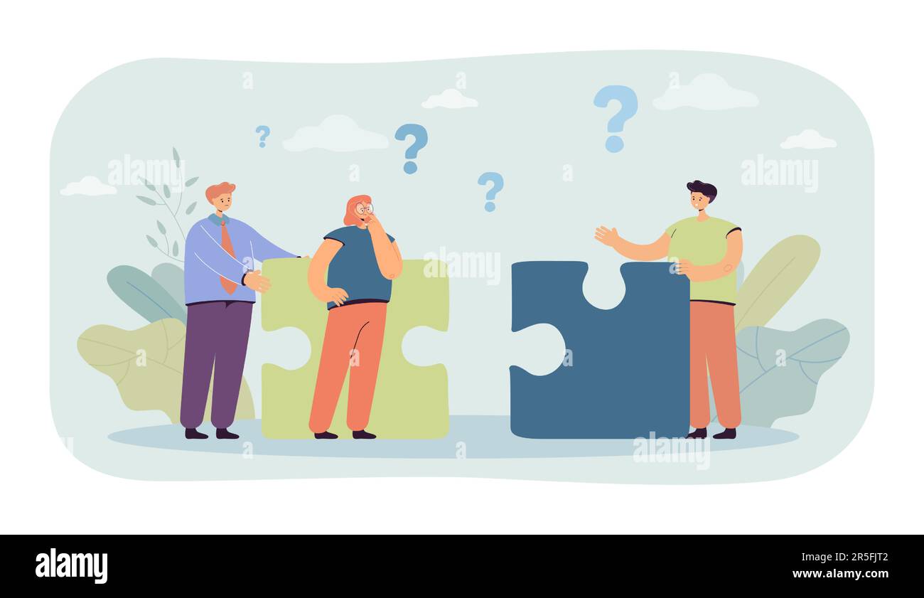 Team of tiny business people thinking about connecting puzzle Stock ...