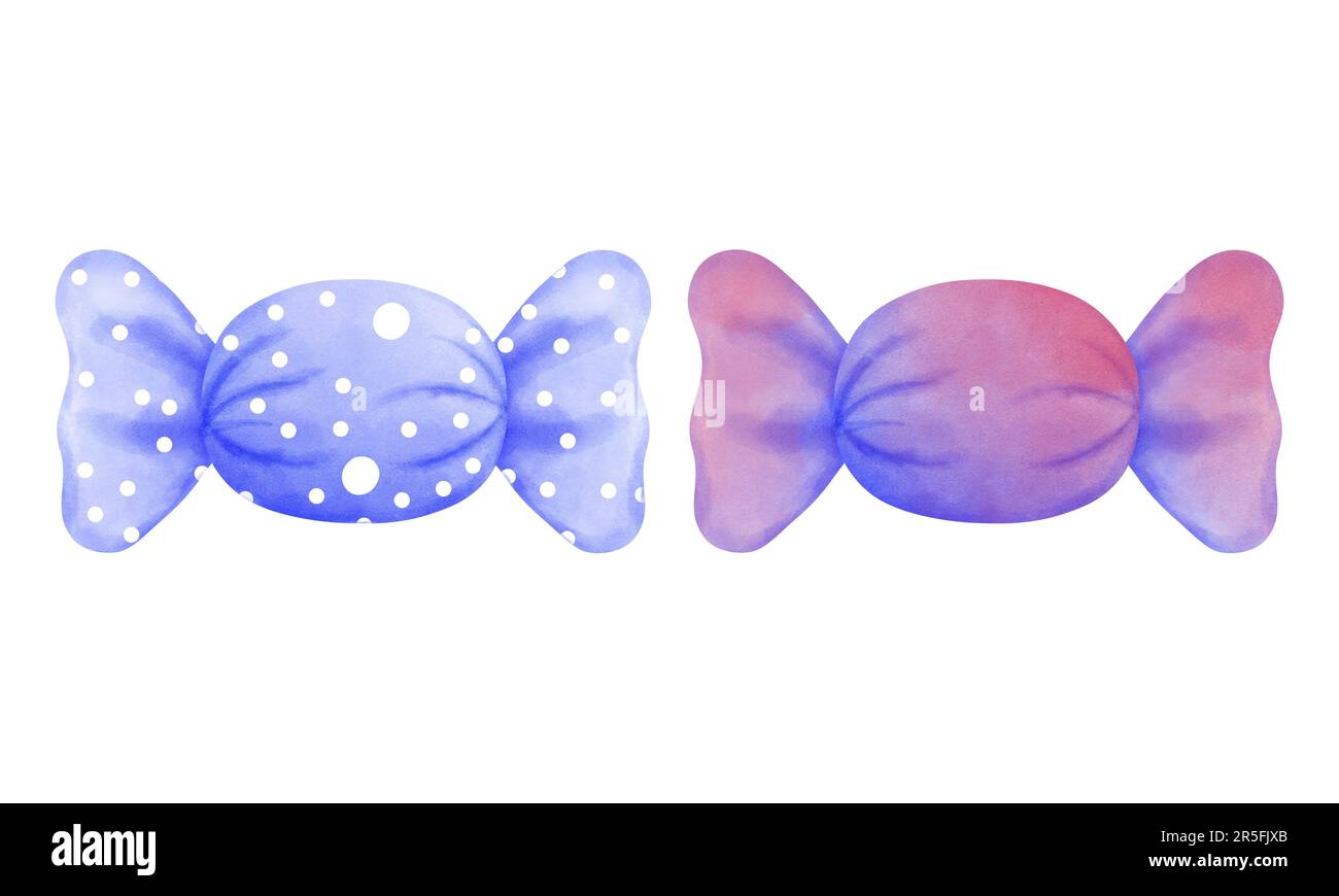 Set of watercolor pink and blue candy clipart. Hand drawn watercolor ...