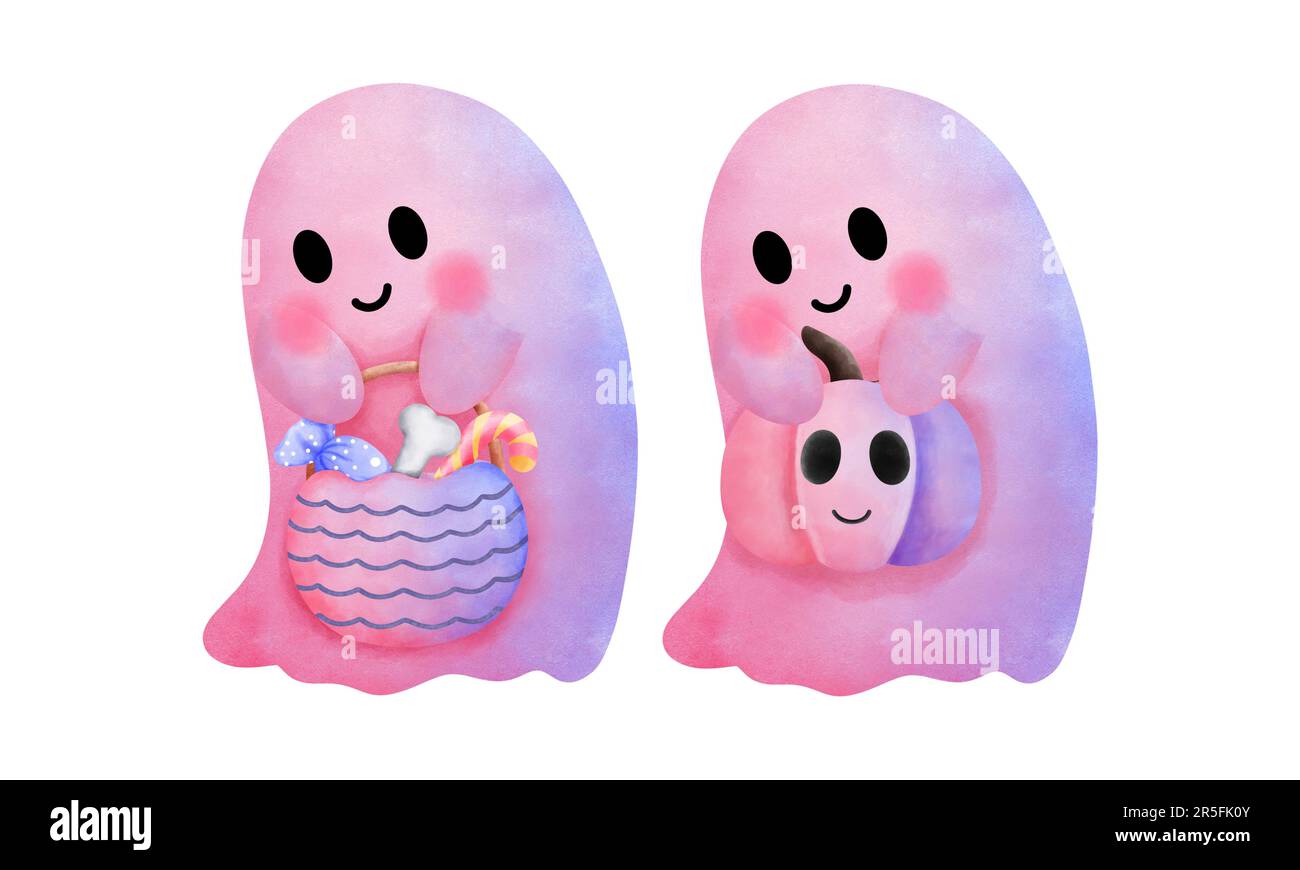 Watercolor pink baby ghosts with pumpkin and basket clipart.Halloween ...
