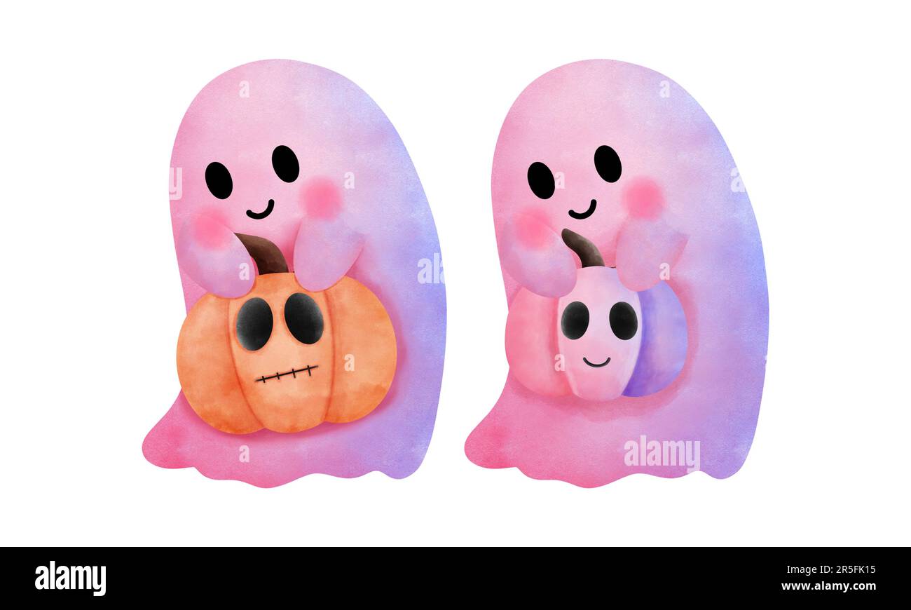 Watercolor pink baby ghosts with orange and pink pumpkin clipart ...