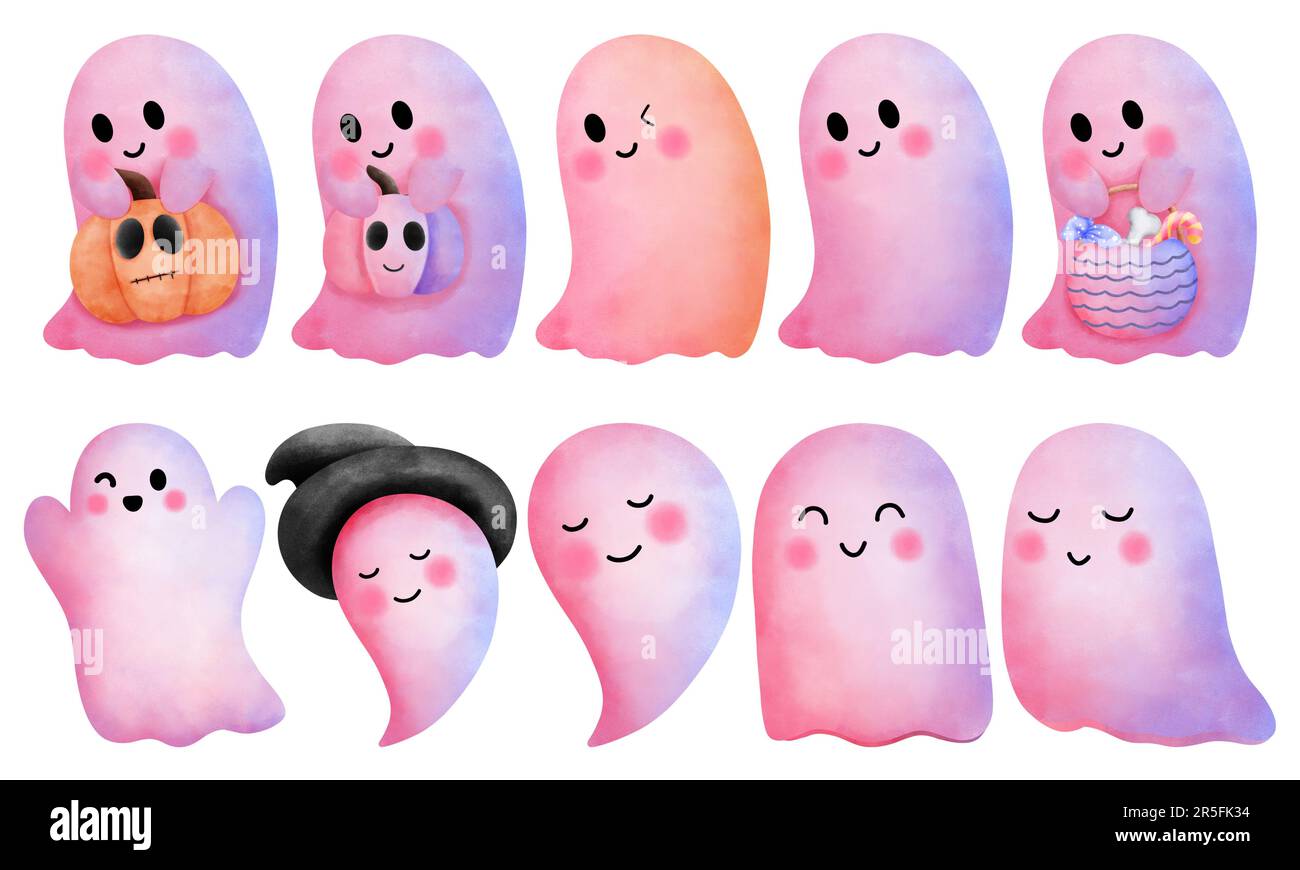 Set of watercolor baby pink ghost illustration.Pink ghost,basket and ...
