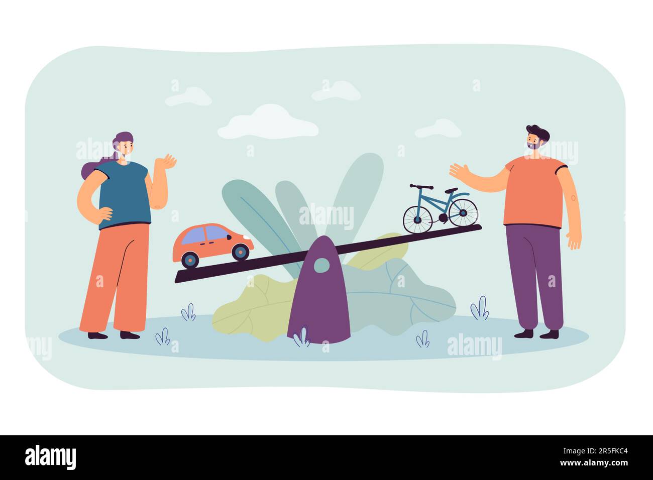 Cartoon couple comparing car to bicycle on seesaw Stock Vector Image ...