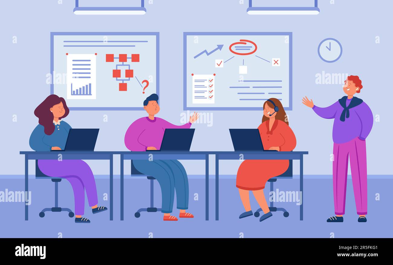 Girls and boy looking at monitors during programmers lesson Stock ...