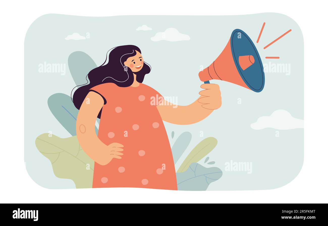 Happy female cartoon character holding loudspeaker Stock Vector Image ...