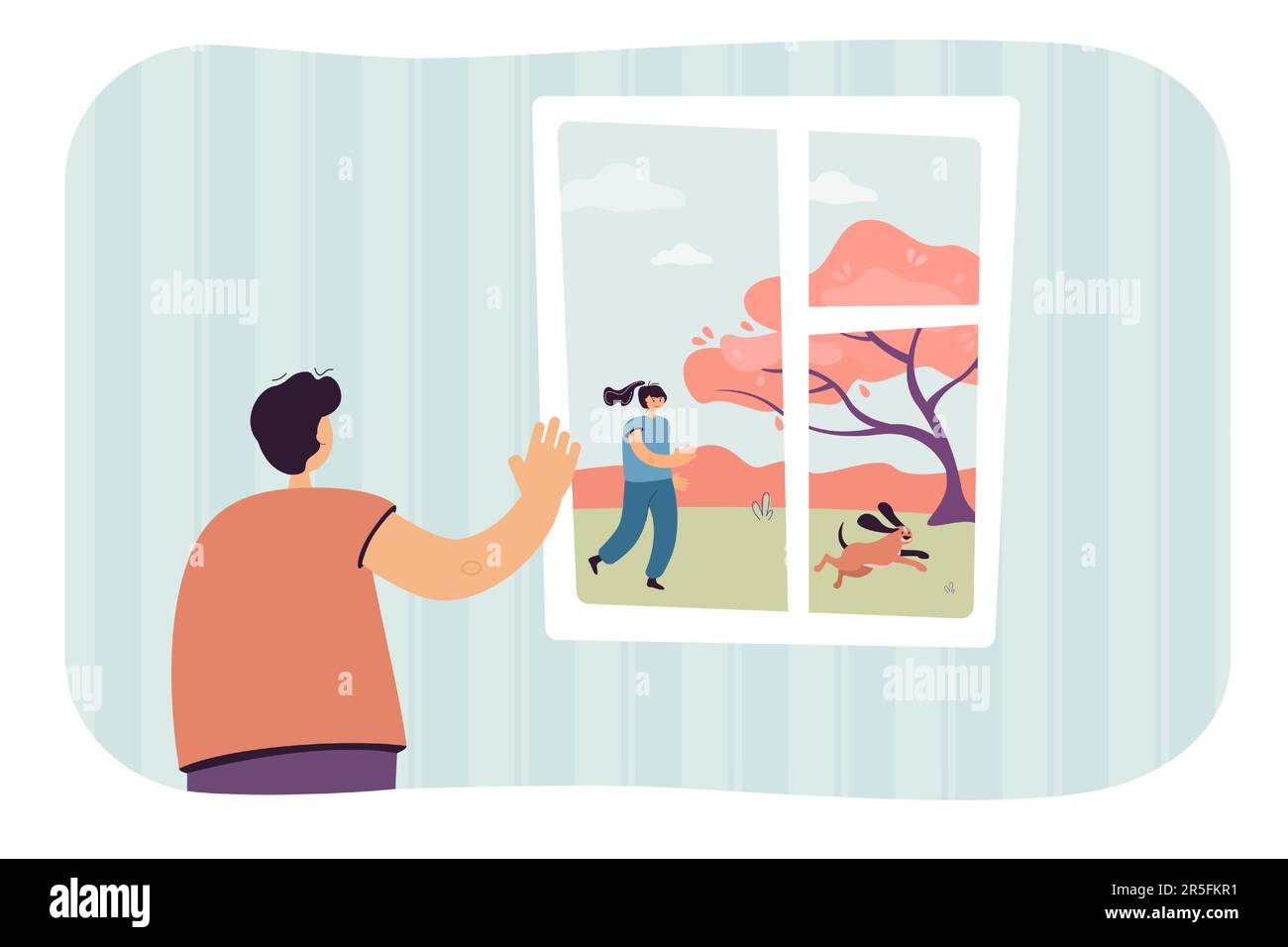 Cartoon boy in front of window waving to friend outside Stock Vector ...