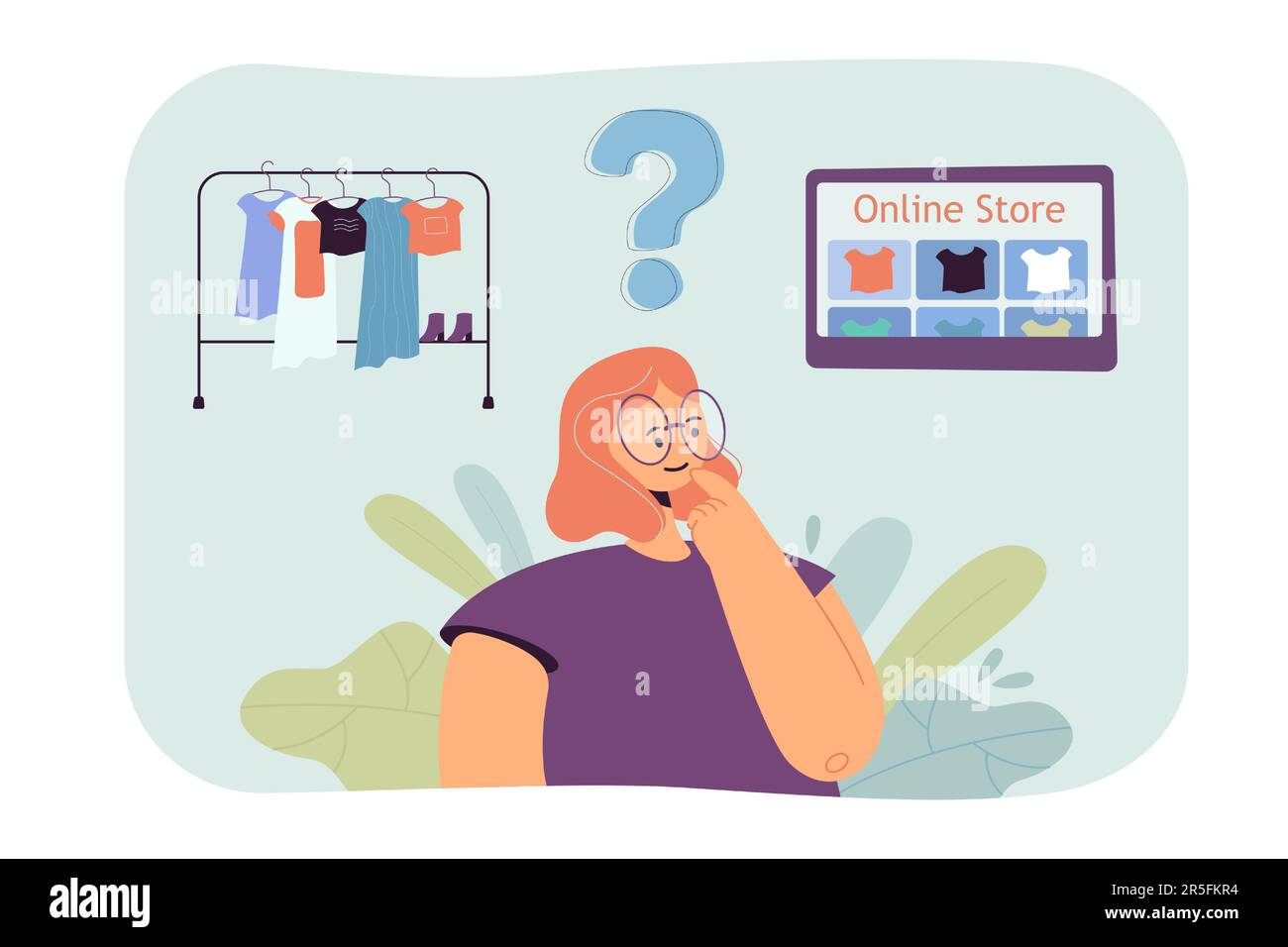 Cartoon woman choosing between online store and trying clothes Stock ...