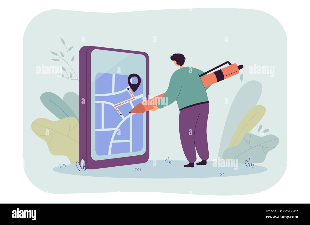 Cartoon man drawing route on city map on huge phone Stock Vector Image ...
