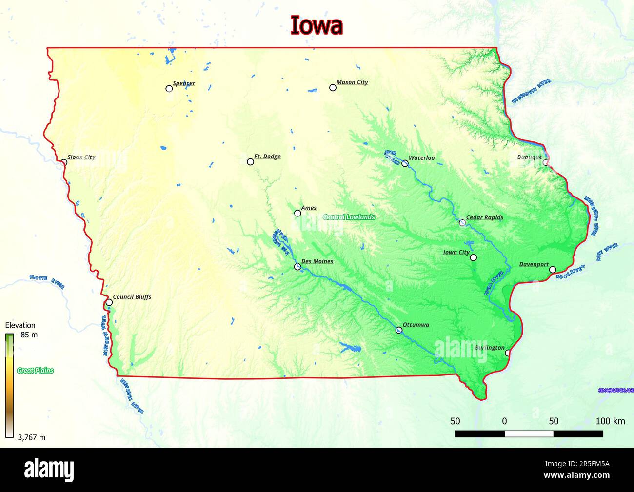 Physical Map Of Iowa Shows Landform Features Such As Mountains Hills Physical Map Of Iowa Shows Landform Features Such As Mountains Hills