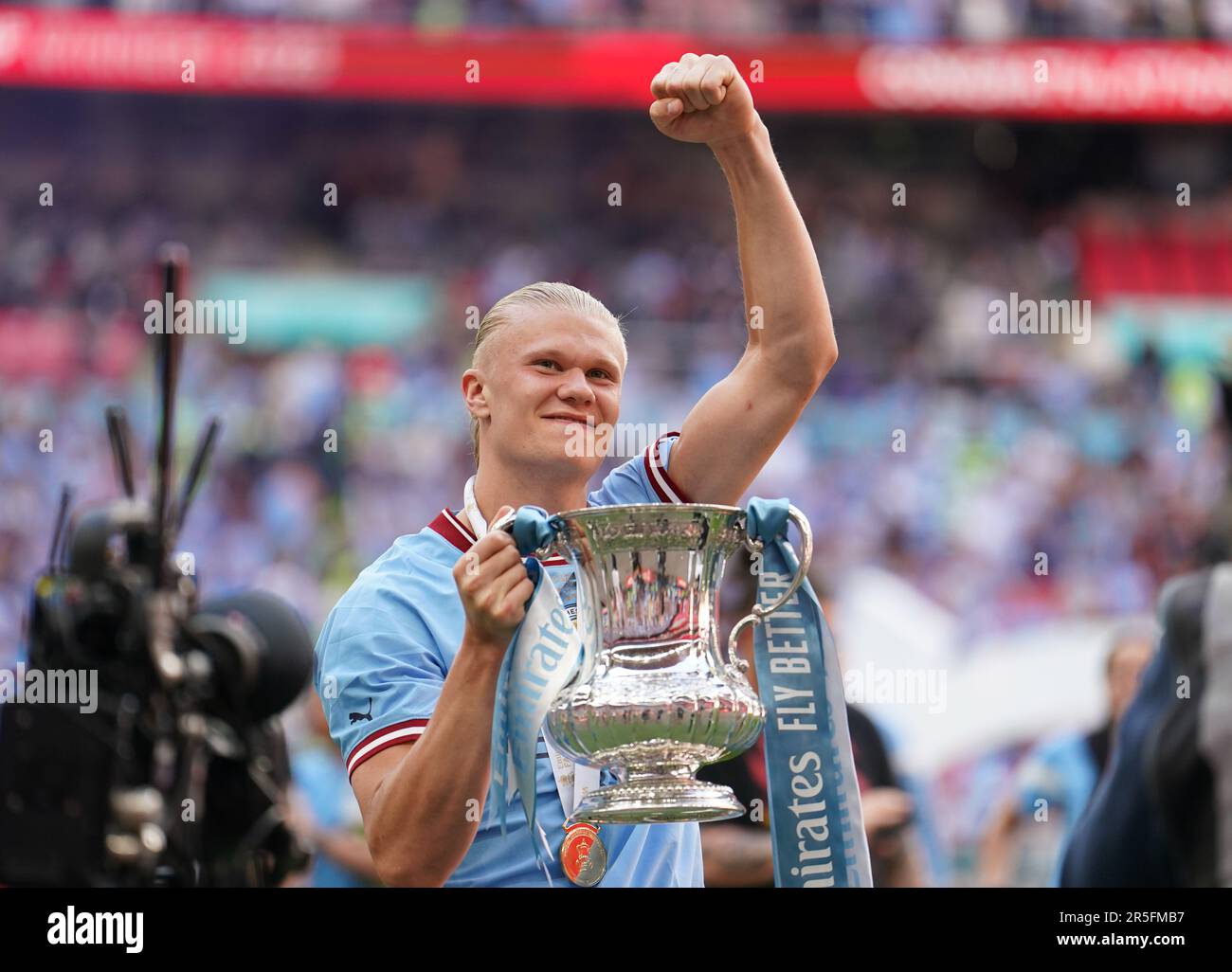 Manchester City's Erling Haland celebrates with the FA Cup following ...