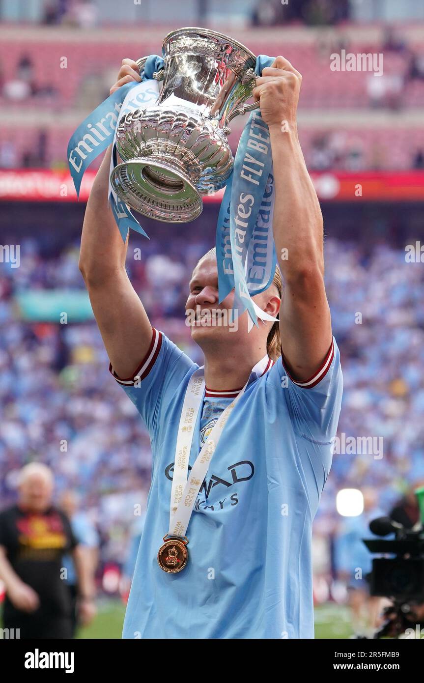 Manchester City's Erling Haland celebrates with the FA Cup following ...