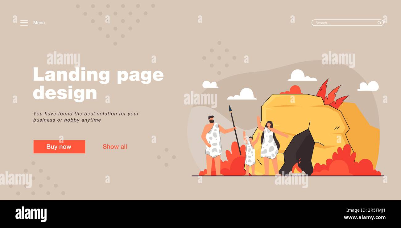 Prehistoric family standing near cave flat vector illustration Stock ...