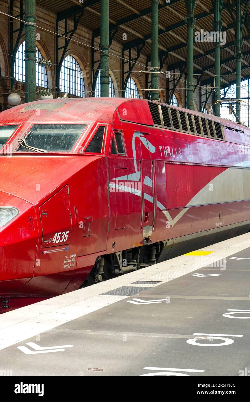 Thalys engine, a high-speed French-Belgian train at Paris Gare du Nord ...