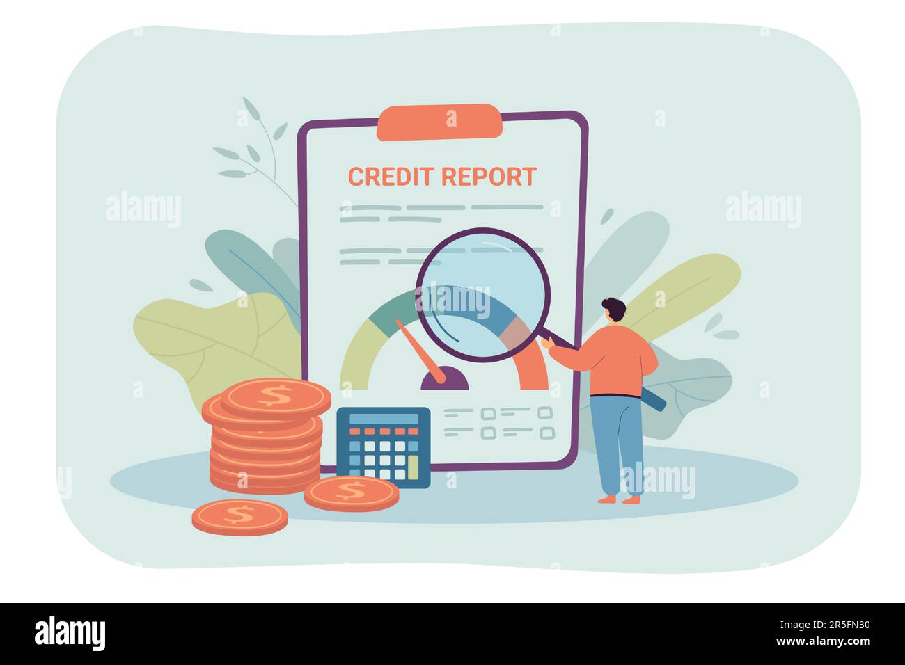 Cartoon businessman checking credit report through magnifier Stock ...