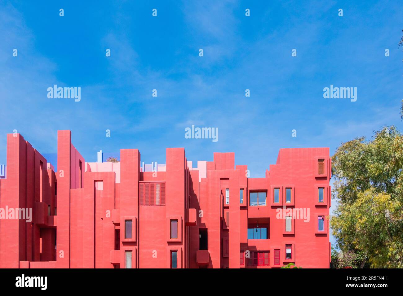 Geometric red building design. The red wall, La manzanera. Calpe, Spain ...