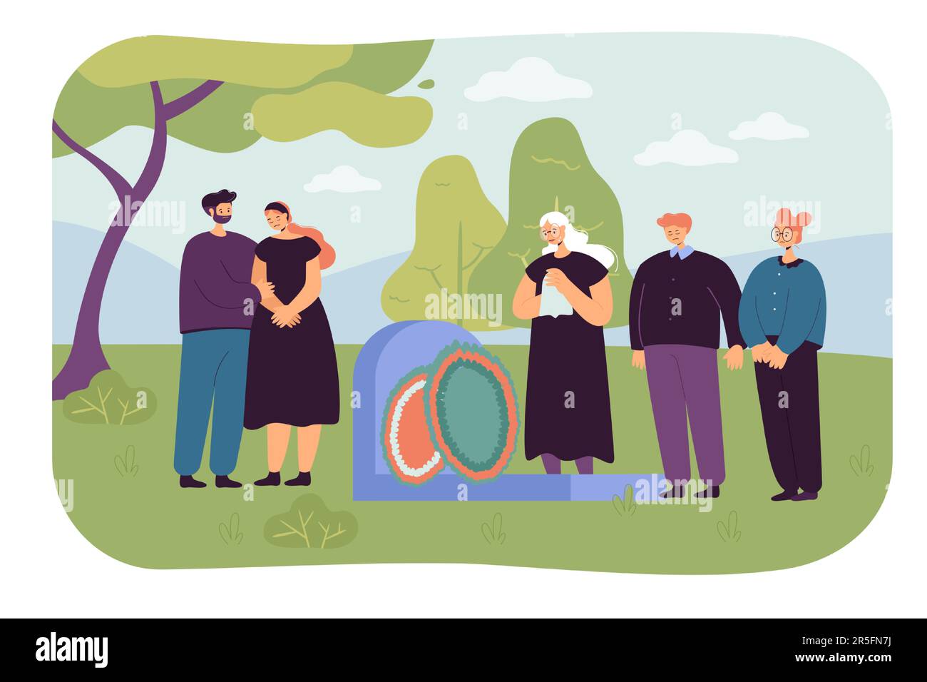Cartoon family in mourning clothes crying at headstone Stock Vector ...